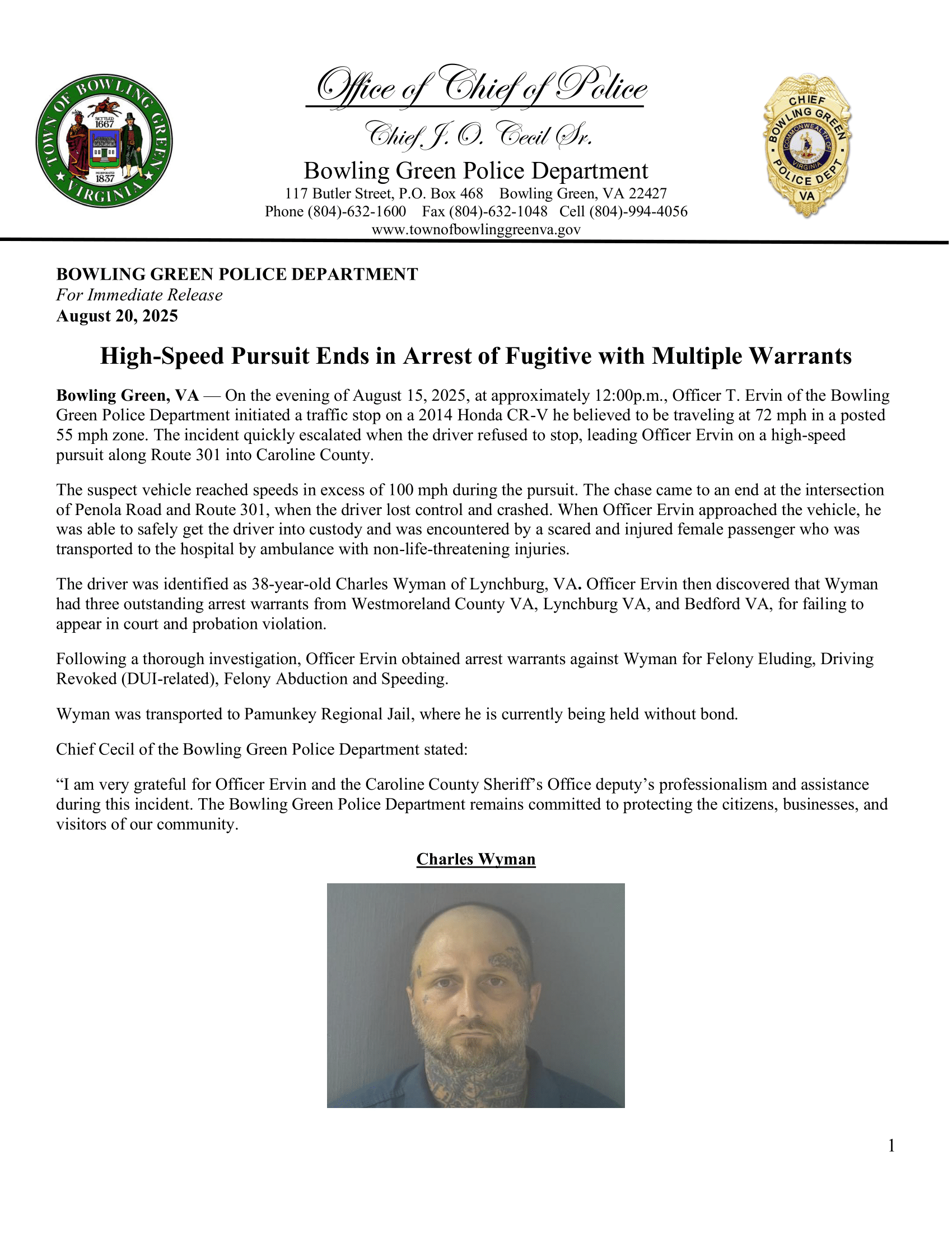 PRESS RELEASE — High-Speed Pursuit Ends in Arrest of Fugitive with ...